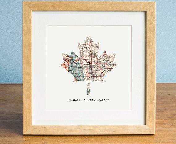 Canada Maple Leaf Map art, Calgary Alberta Map, Gift for Canadian ...
